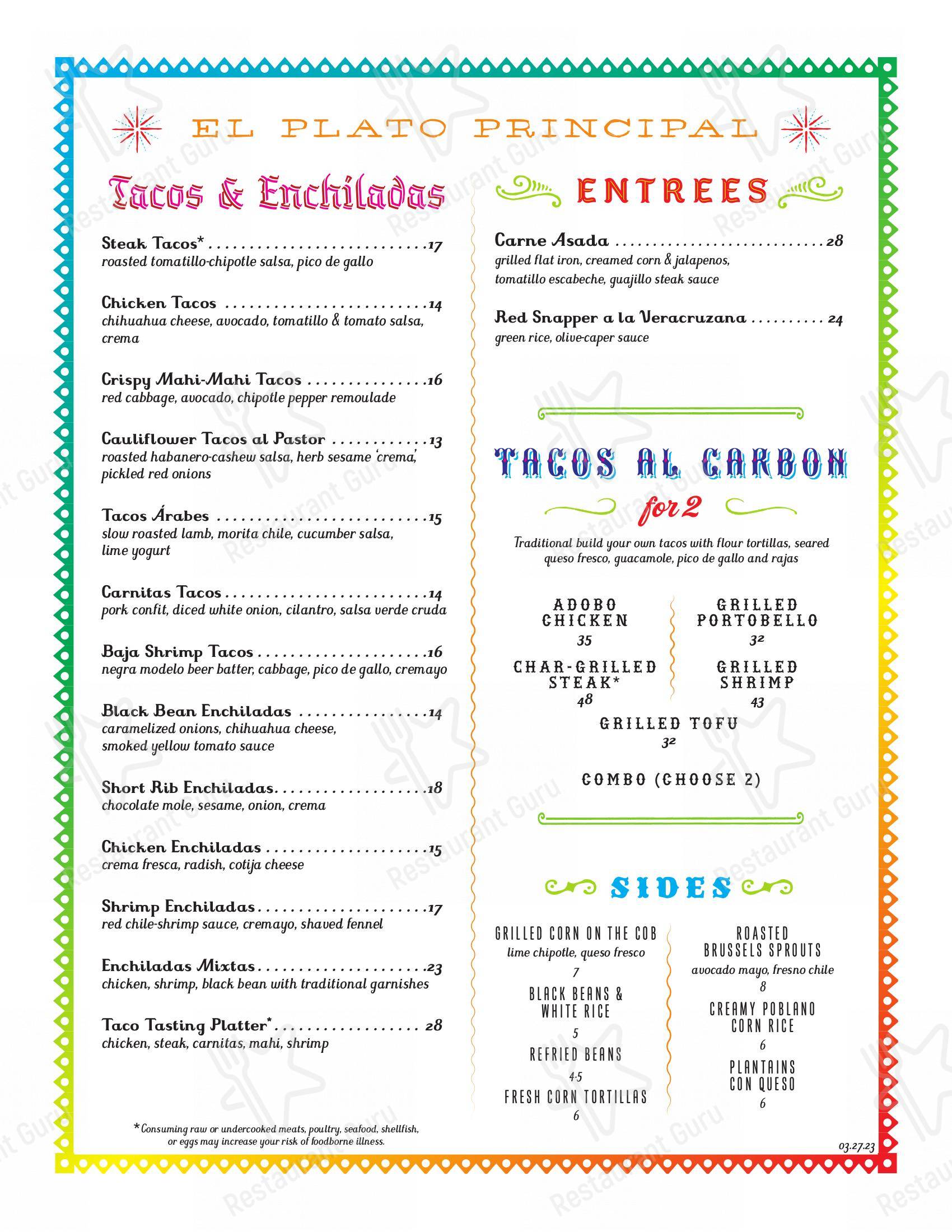 Menu at El Vez restaurant, Philadelphia