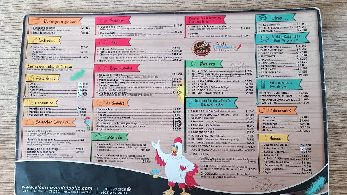 Carta del restaurante Carnaval del Pollo, Ibagué, Cra. 8 #sur nro 60 954
