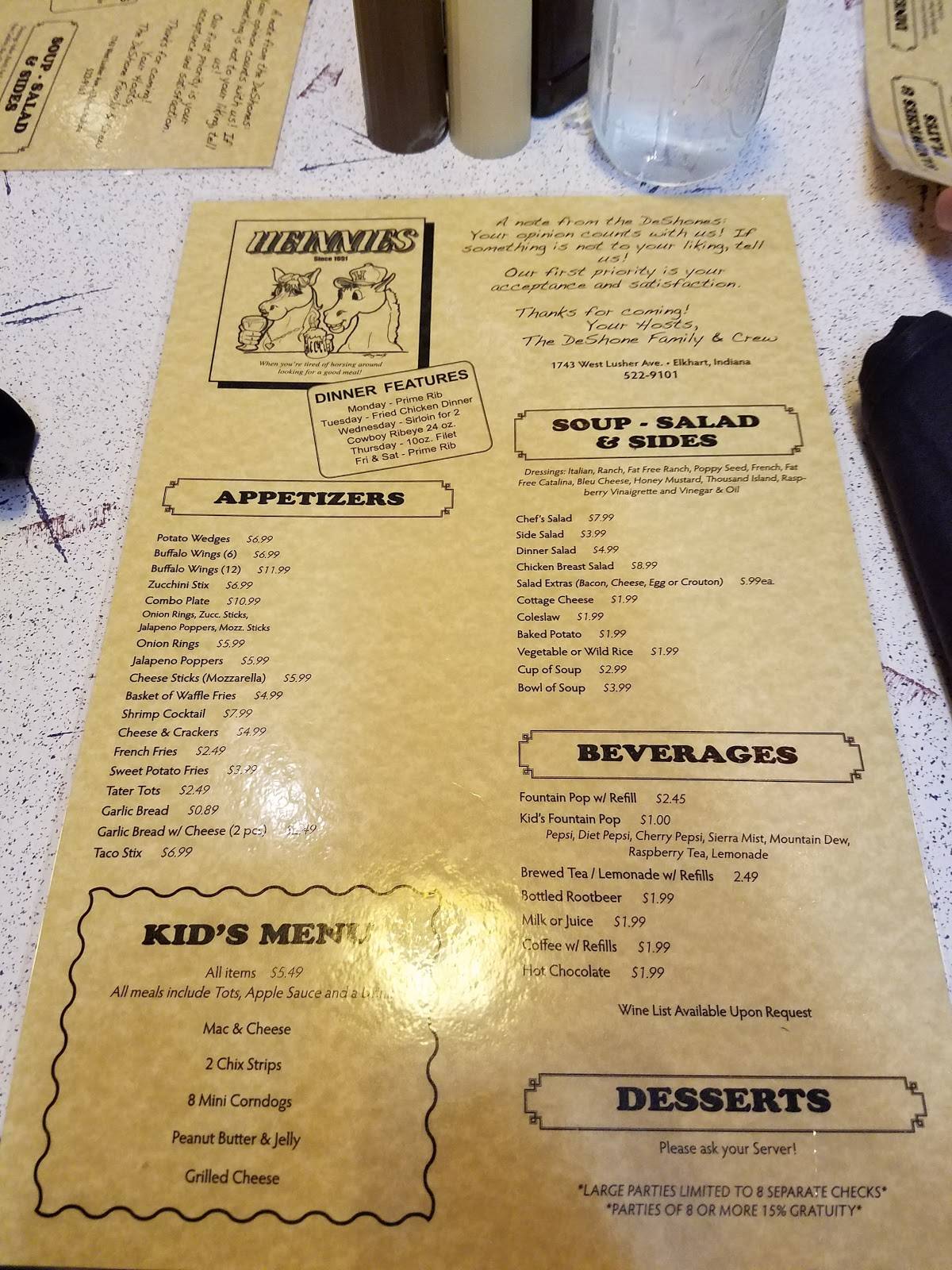 Menu at Heinnies steakhouse, Elkhart