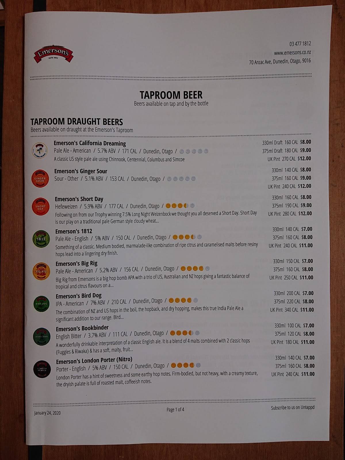 Menu at Emerson's Brewery pub & bar, Dunedin