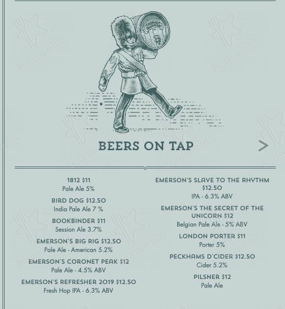 Menu at Emerson's Brewery pub & bar, Dunedin