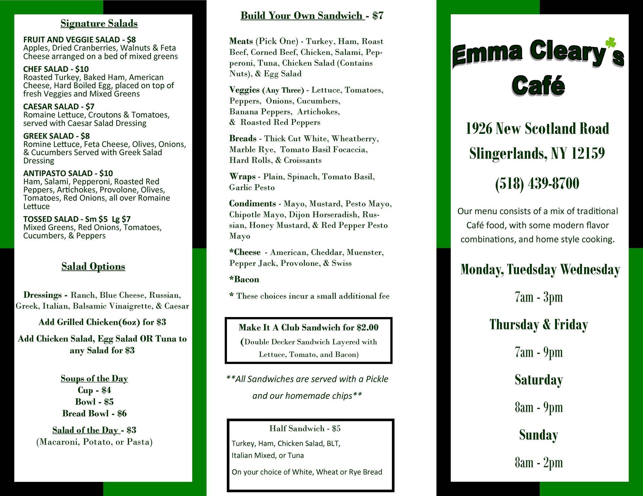 Menu at Emma Cleary's Cafe, Slingerlands