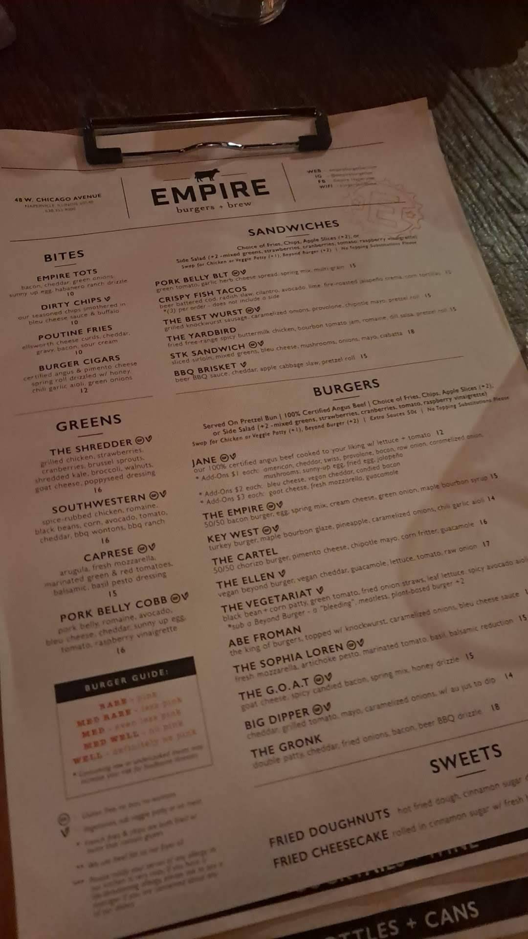 Menu at Empire Burgers + Brew pub & bar, Naperville