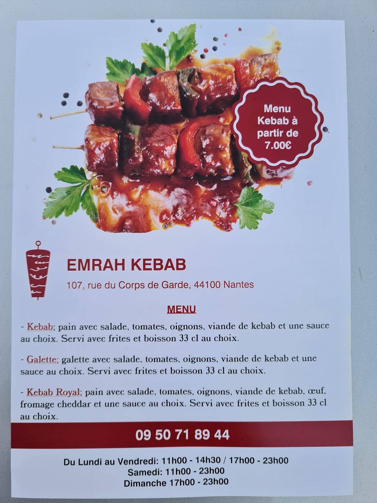 Menu au Emrah Kebab fast food, Nantes