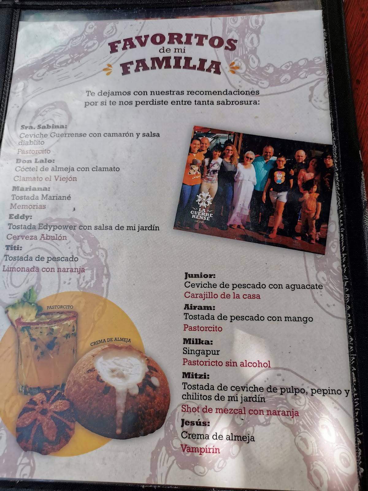 Carta de Sabina Restaurante por La Guerrerense, Ensenada