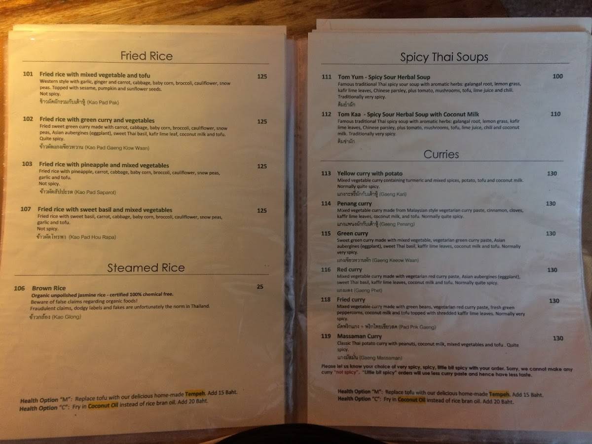 Menu at Ethos Vegetarian Restaurant, Bangkok