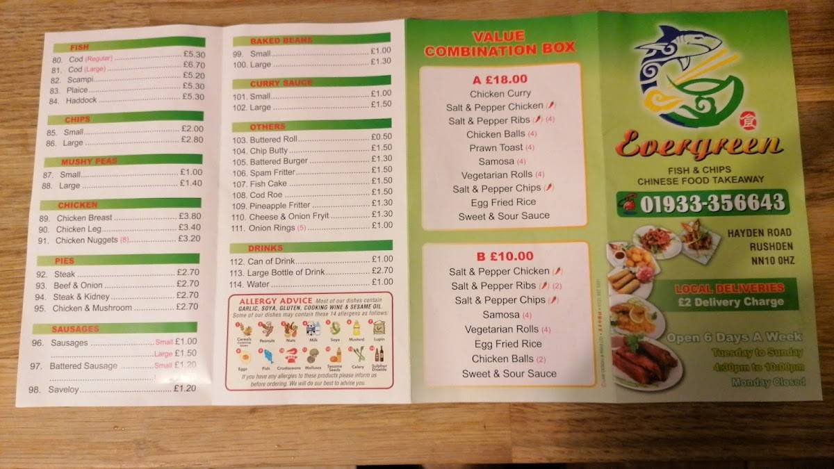 Menu at Evergreen Fish Chips Asian Food Takeaway restaurant, Rushden