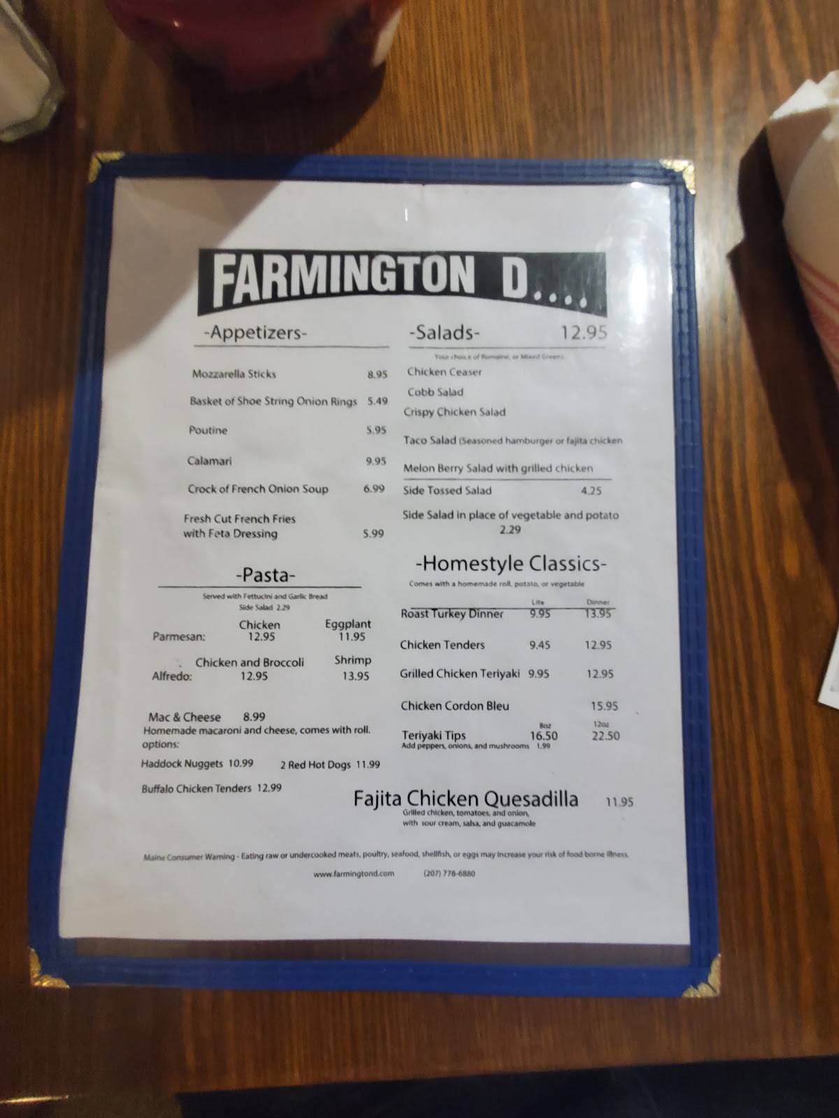 Menu at Farmington Diner restaurant, Farmington