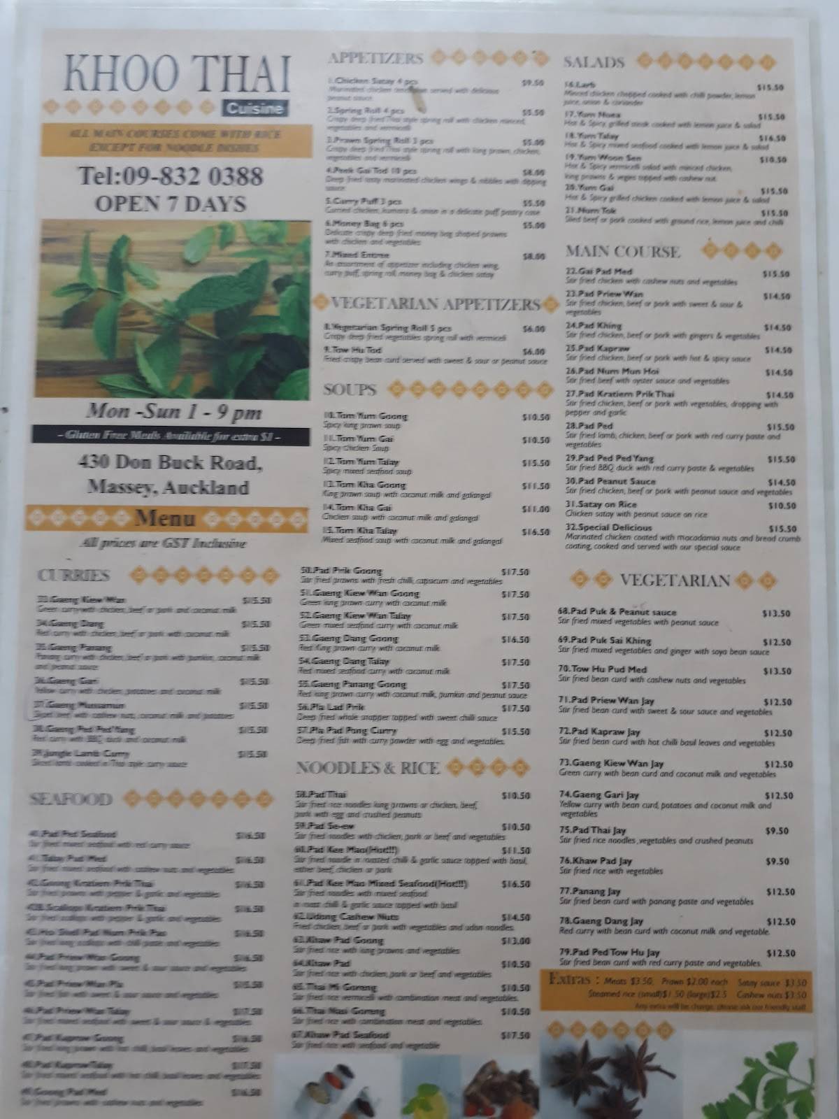 Menu at Khoo Thai Takeaway fast food, Auckland