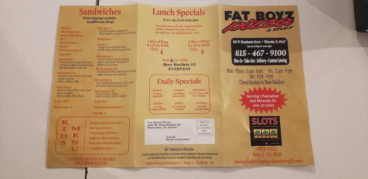 Carta de pizzería Fat Boyz Pizza & Stuff, Minooka