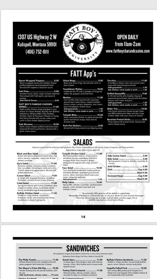 Menu at Fatt Boys Bar and Grille, Kalispell