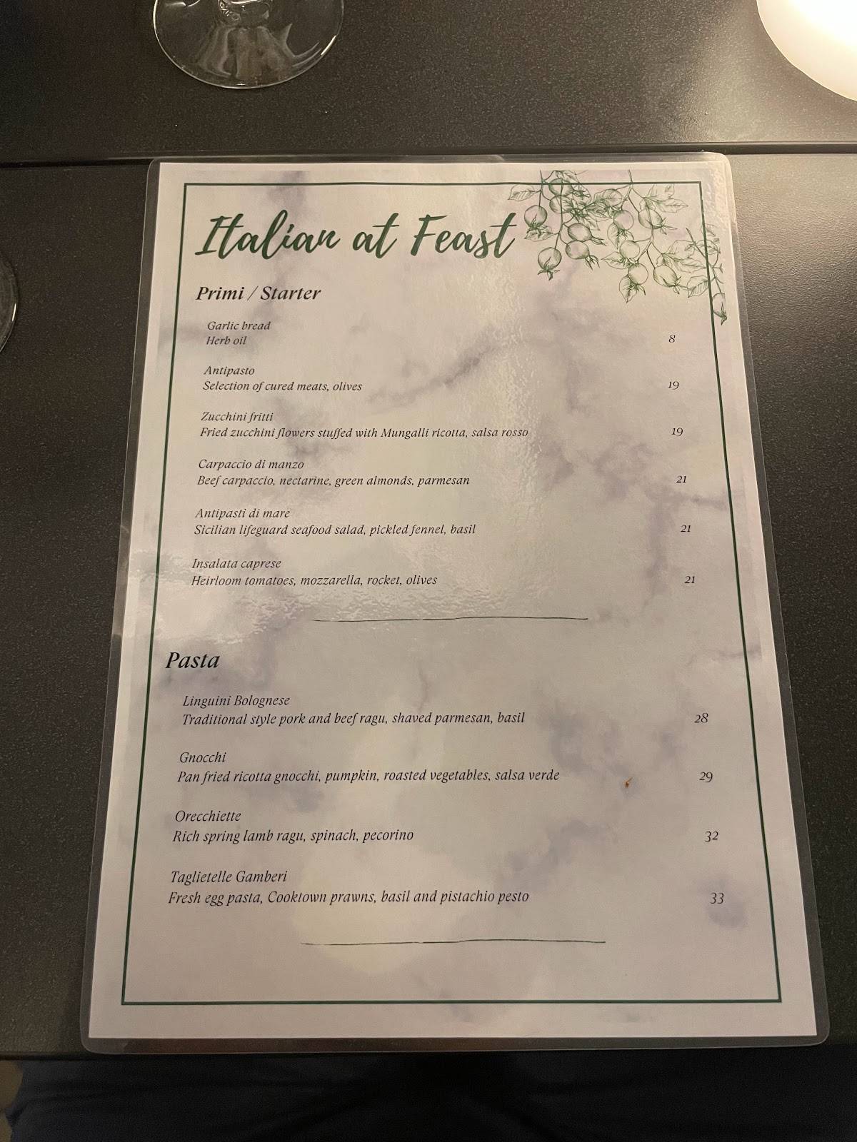Menu at Feast Restaurant, Port Douglas