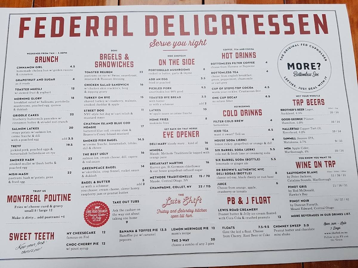 Menu at Federal Delicatessen restaurant, Auckland