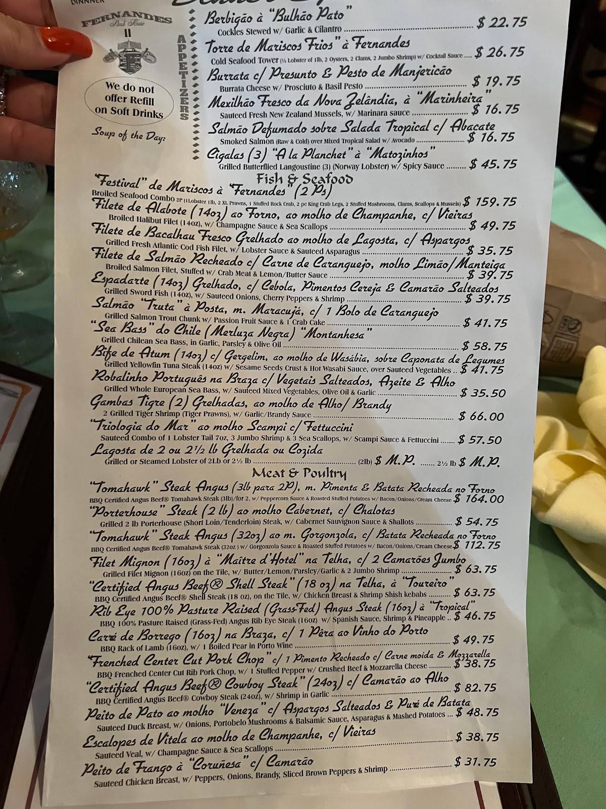 Menu at Fernandes Steak House II steakhouse, Newark