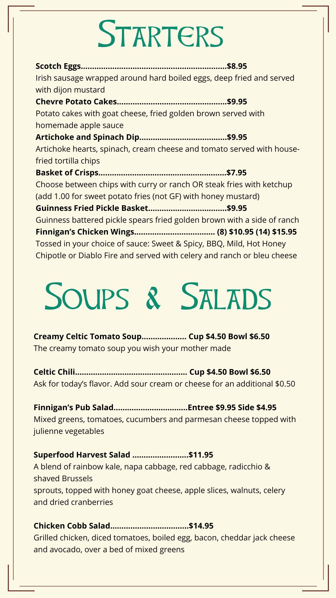 Menu at Finnigan's Wake pub & bar, Winston-Salem