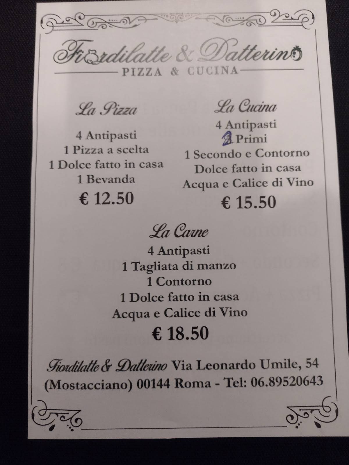 Menu da Fiordilatte & Datterino ristorante, Mostacciano, Via Leonardo Umile
