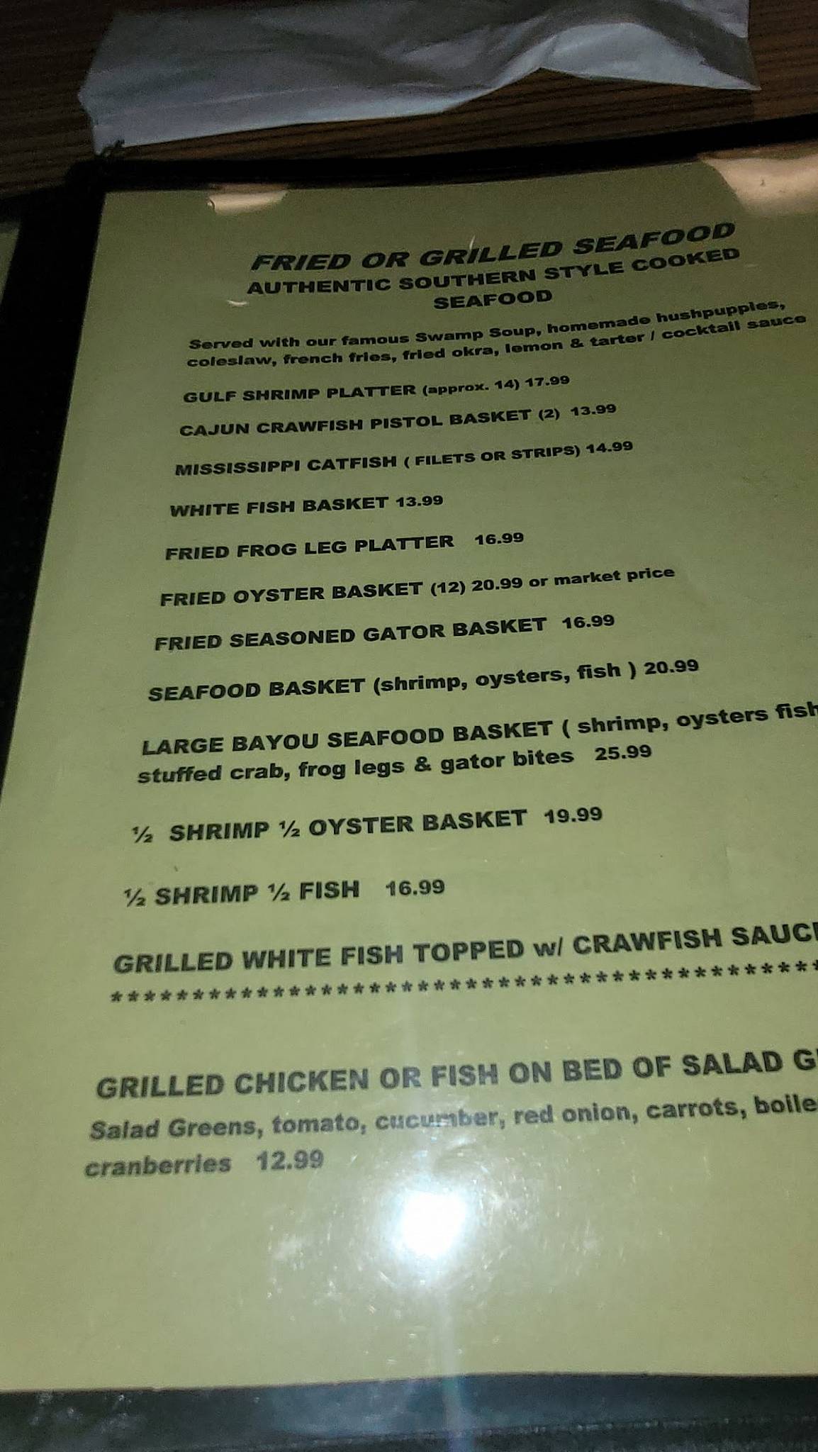 Menu at Fish River Grill restaurant, Foley