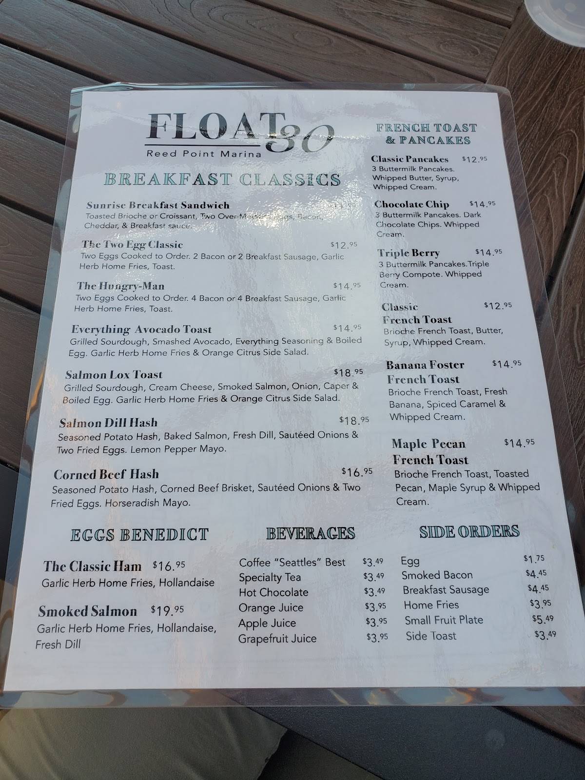 Menu at Float 30 restaurant, Port Moody
