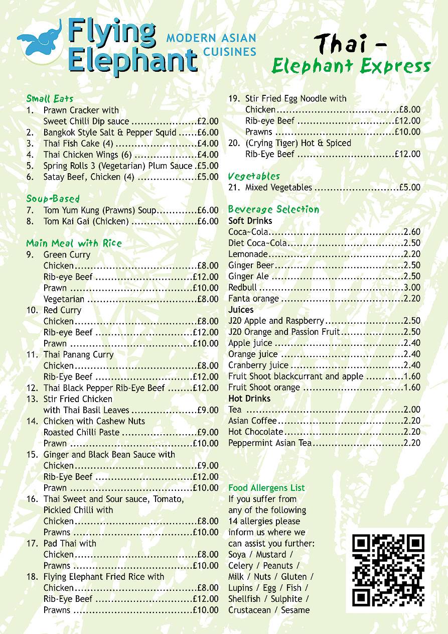 Menu at Flying Elephant restaurant, Telford