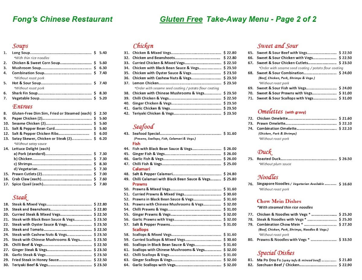 Menu at Fong's Chinese Restaurant, Bentleigh East