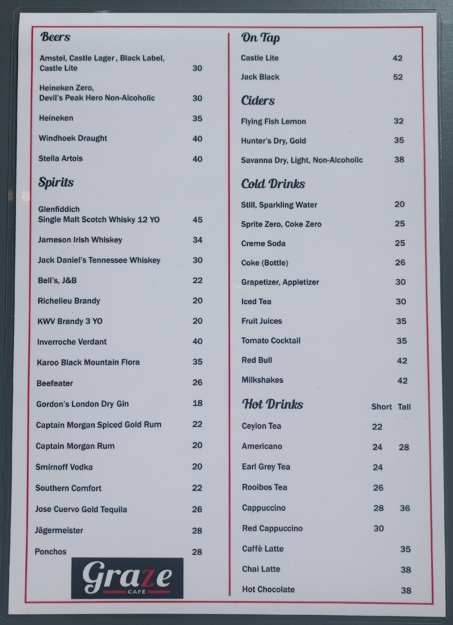 Menu at Graze Cafe, George