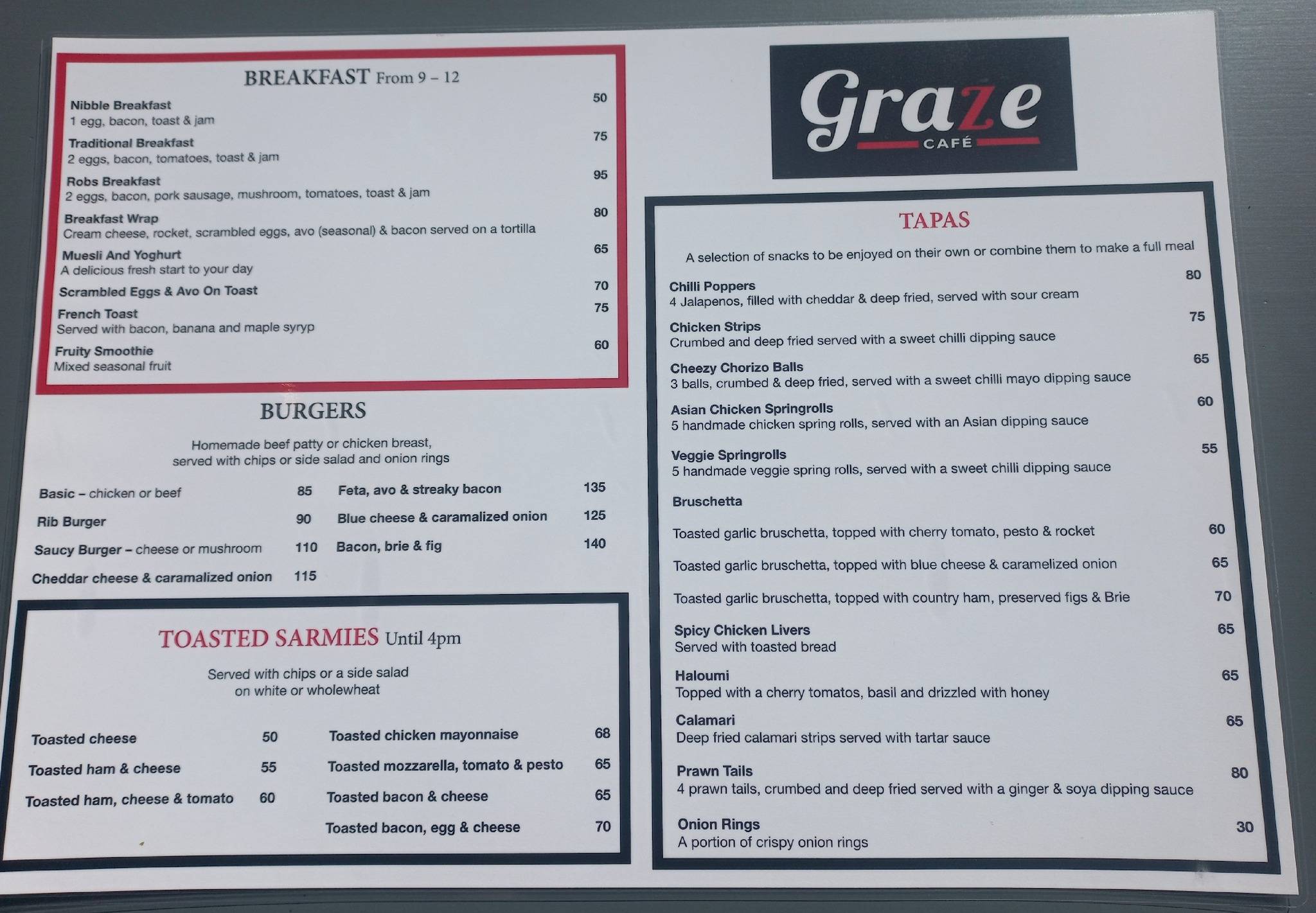 Menu at Graze Cafe, George