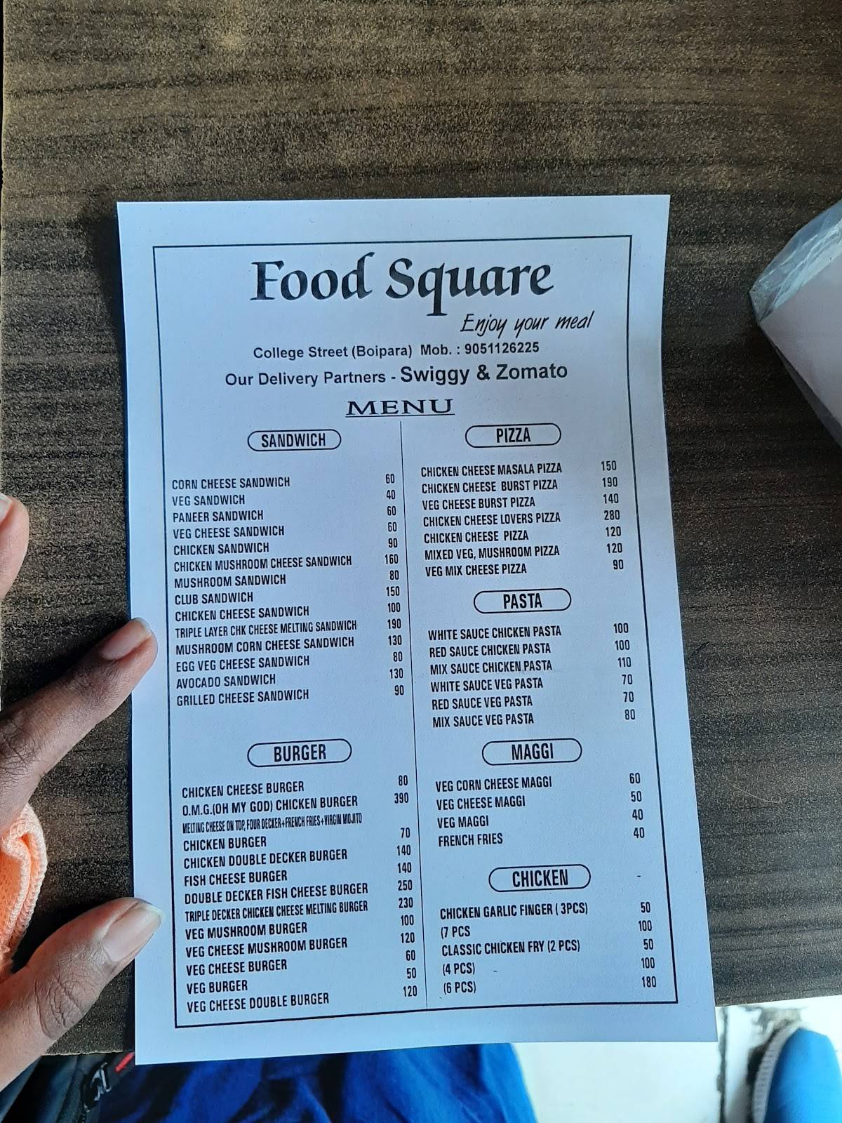 Menu at Food Square, Kolkata