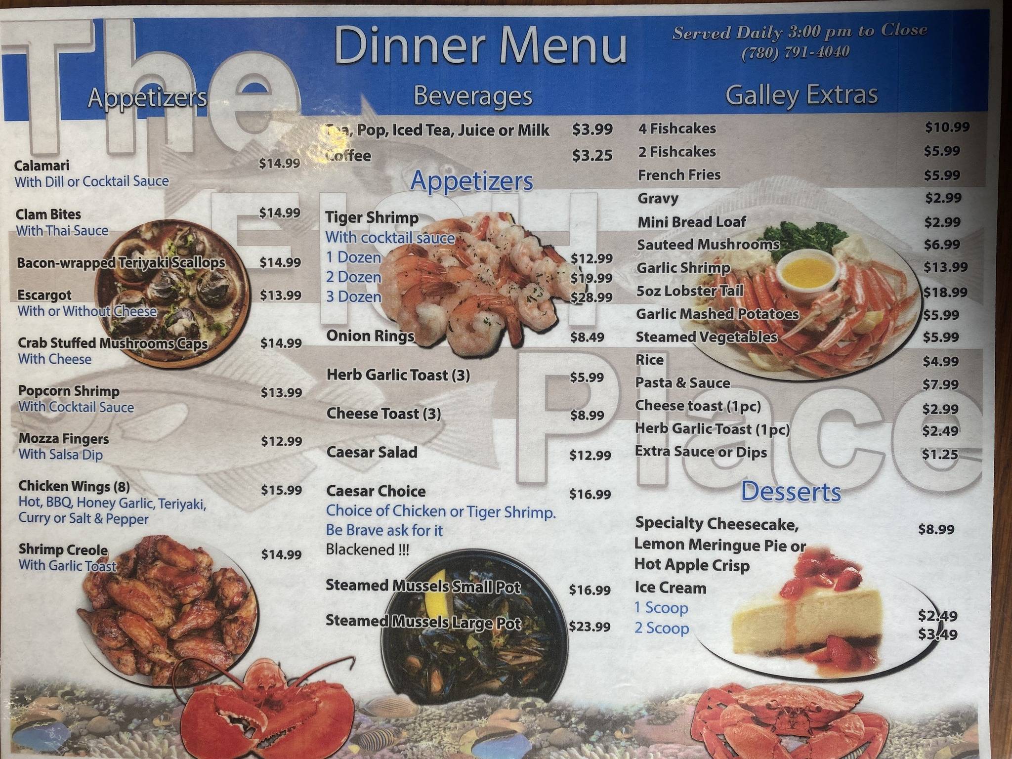 Menu at The Fish Place restaurant, Fort McMurray