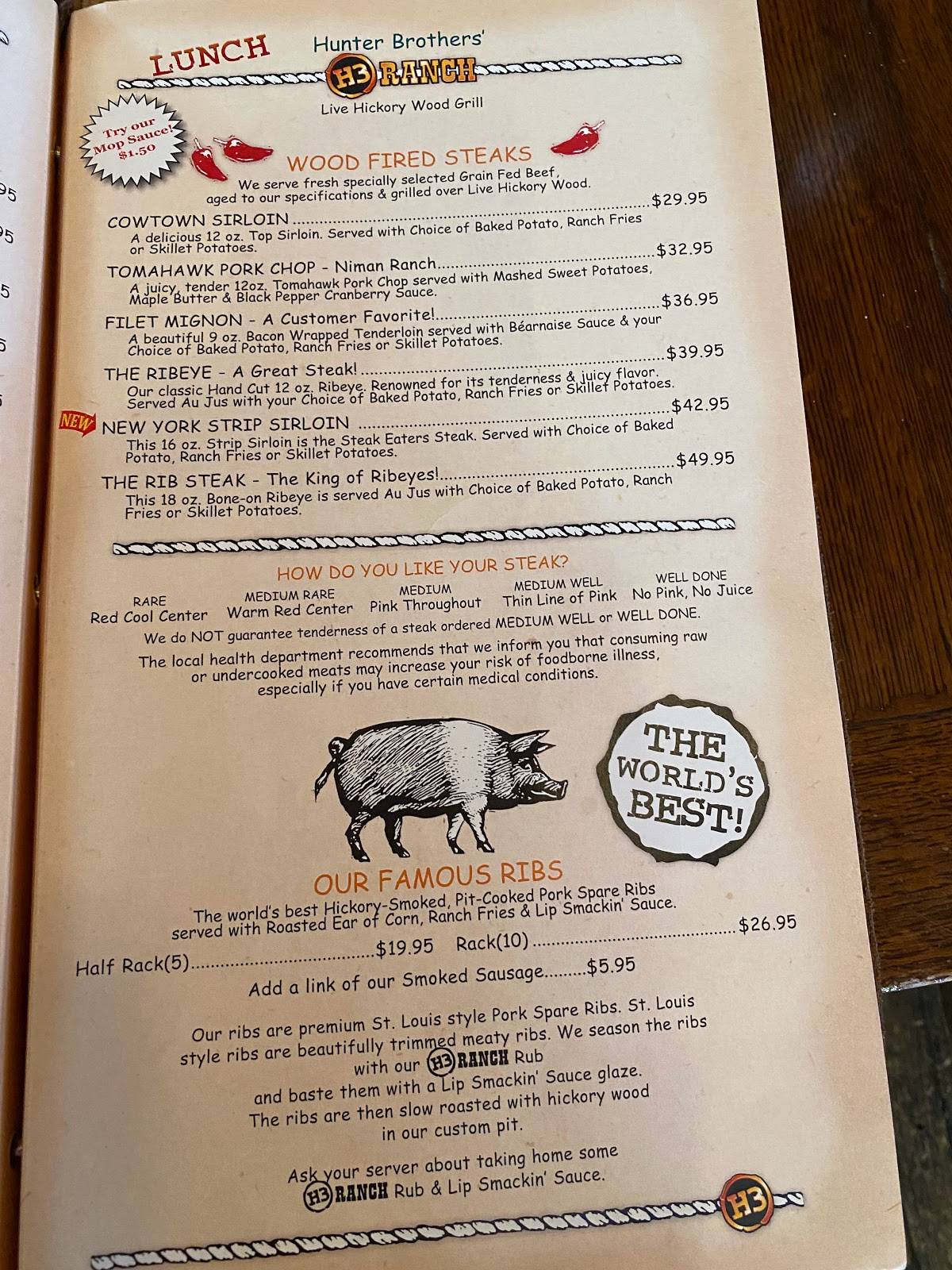 Menu at H3 Ranch steakhouse, Fort Worth