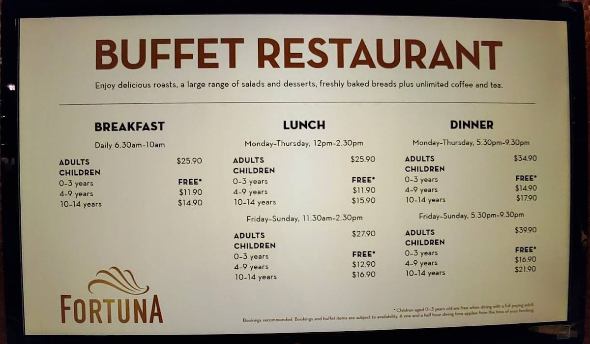 Menu at Fortuna Buffet Restaurant, Auckland