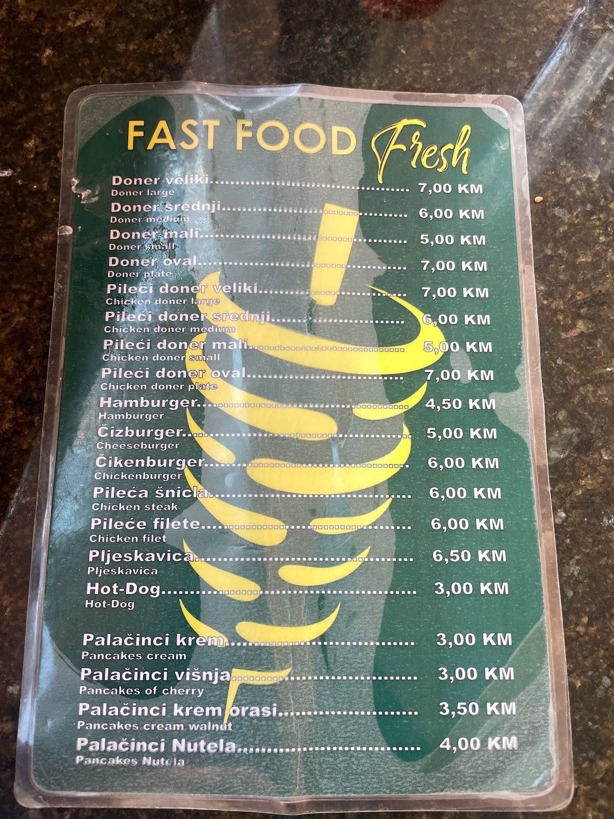 Menu at Fresh Fast Food, Ilidža, Ustanička 13