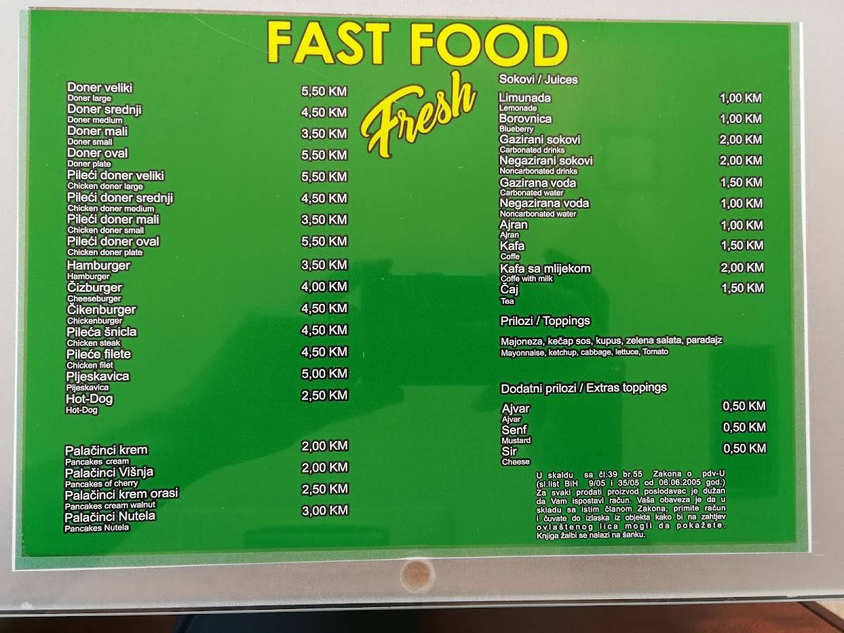 Menu at Fresh Fast Food, Sarajevo, Ustanička 13