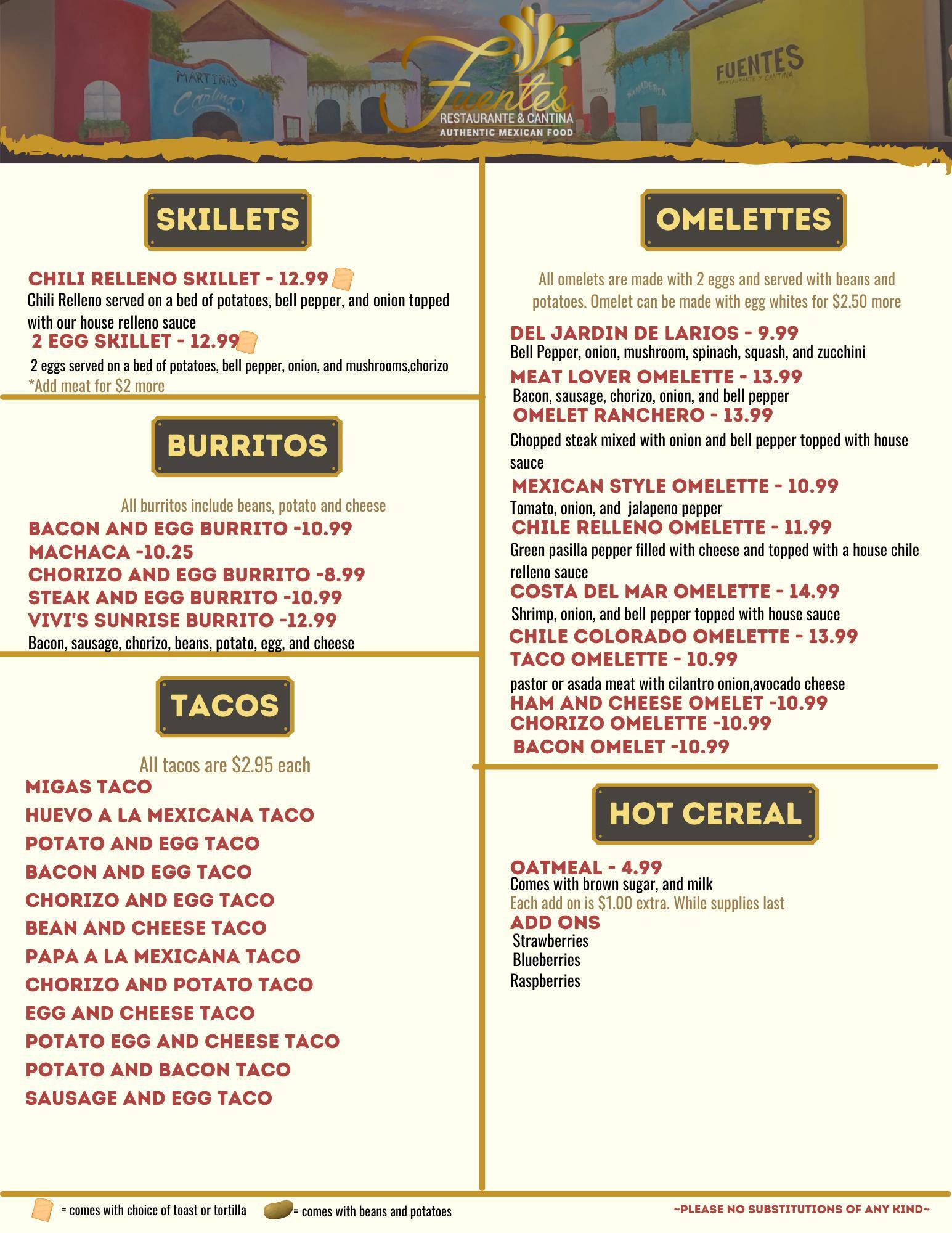 Menu at Fuentes Restaurant & Cantina, Minden