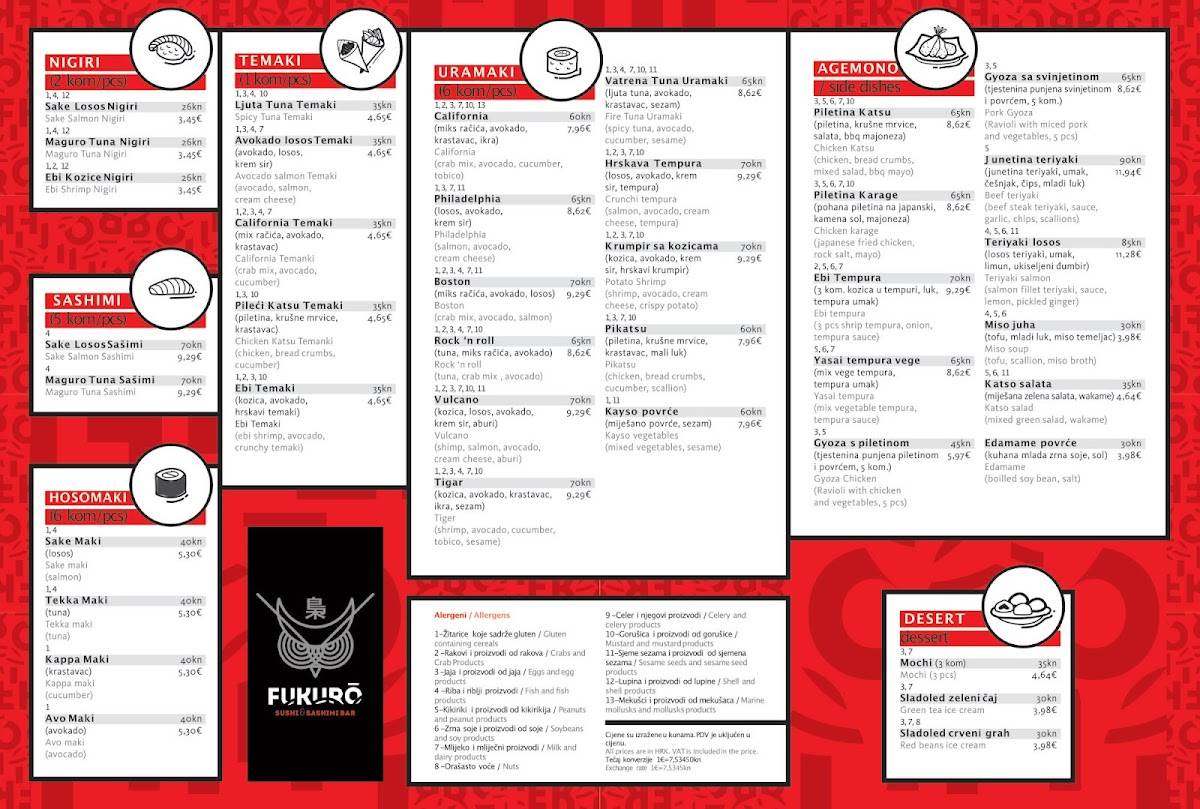 Menu at Fukuro Sushi & Sashimi Bar, Rijeka