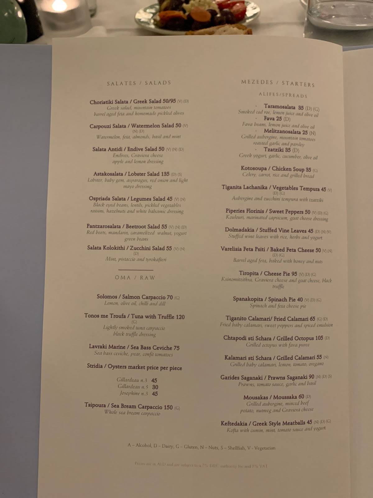 Carta del restaurante Gaia Dubai, Dubai