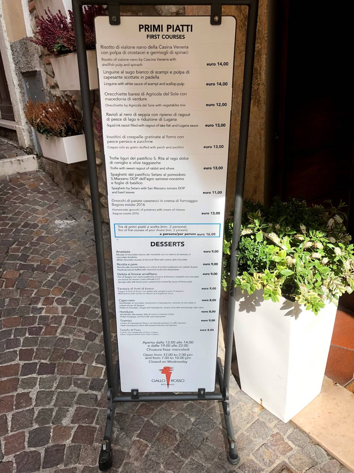 Menu at Gallo Rosso restaurant, Salò