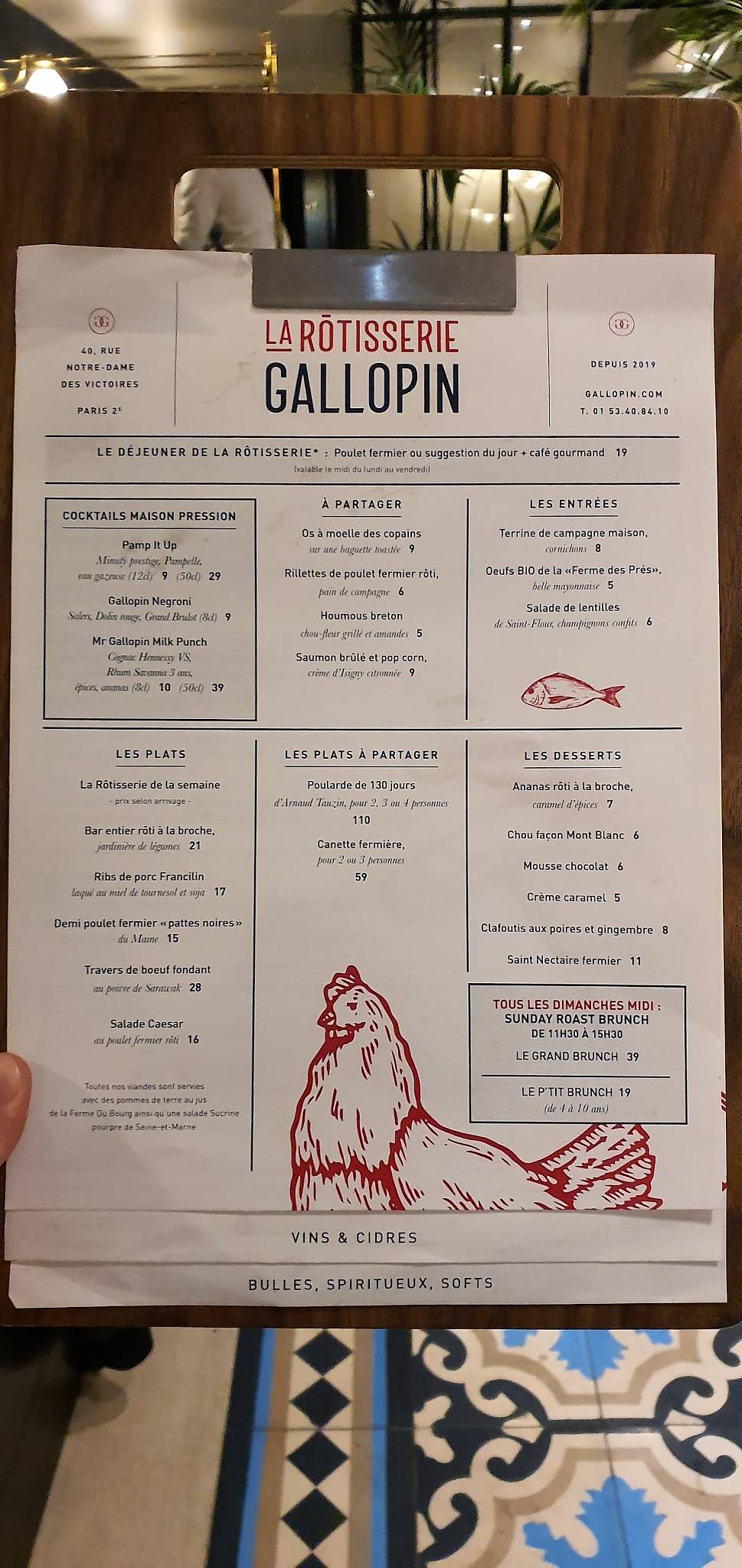 Menu at Gallopin restaurant, Paris, 40 Rue Notre Dame des Victoires