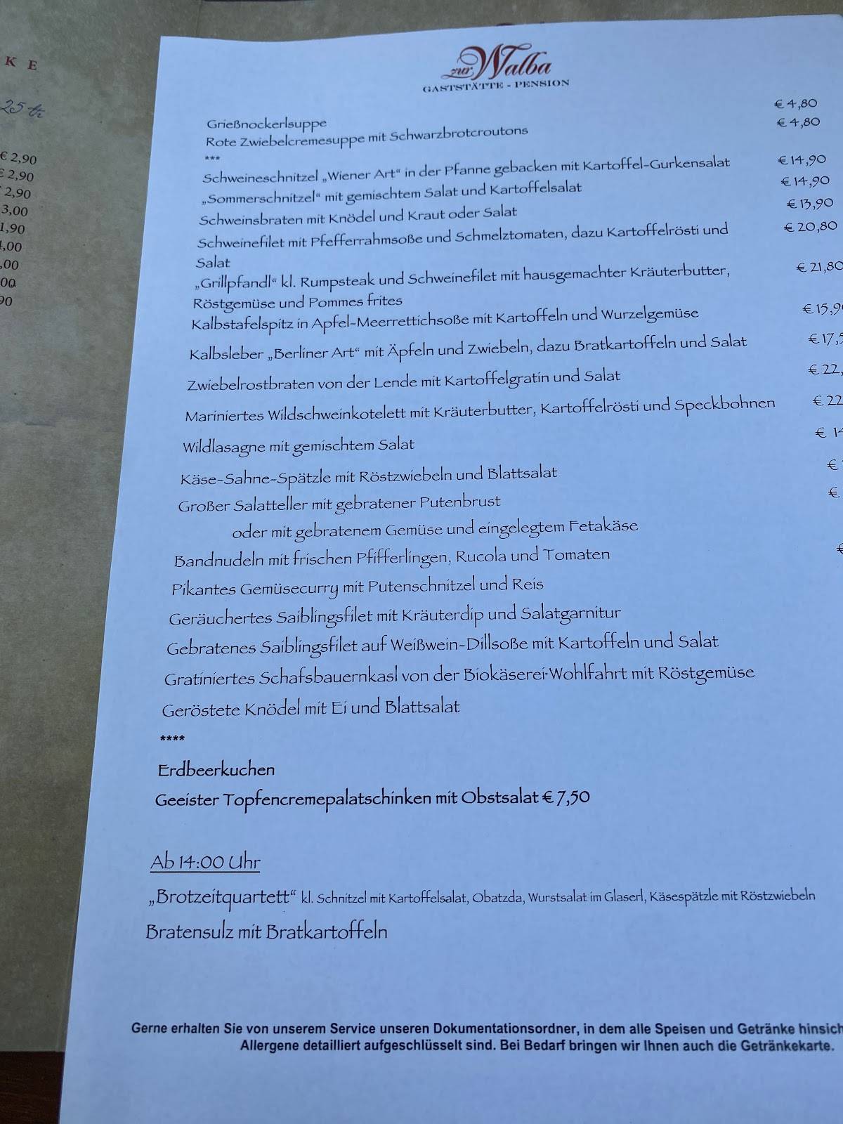 Menu au Gasthof „zur Walba“ restaurant, Pentling