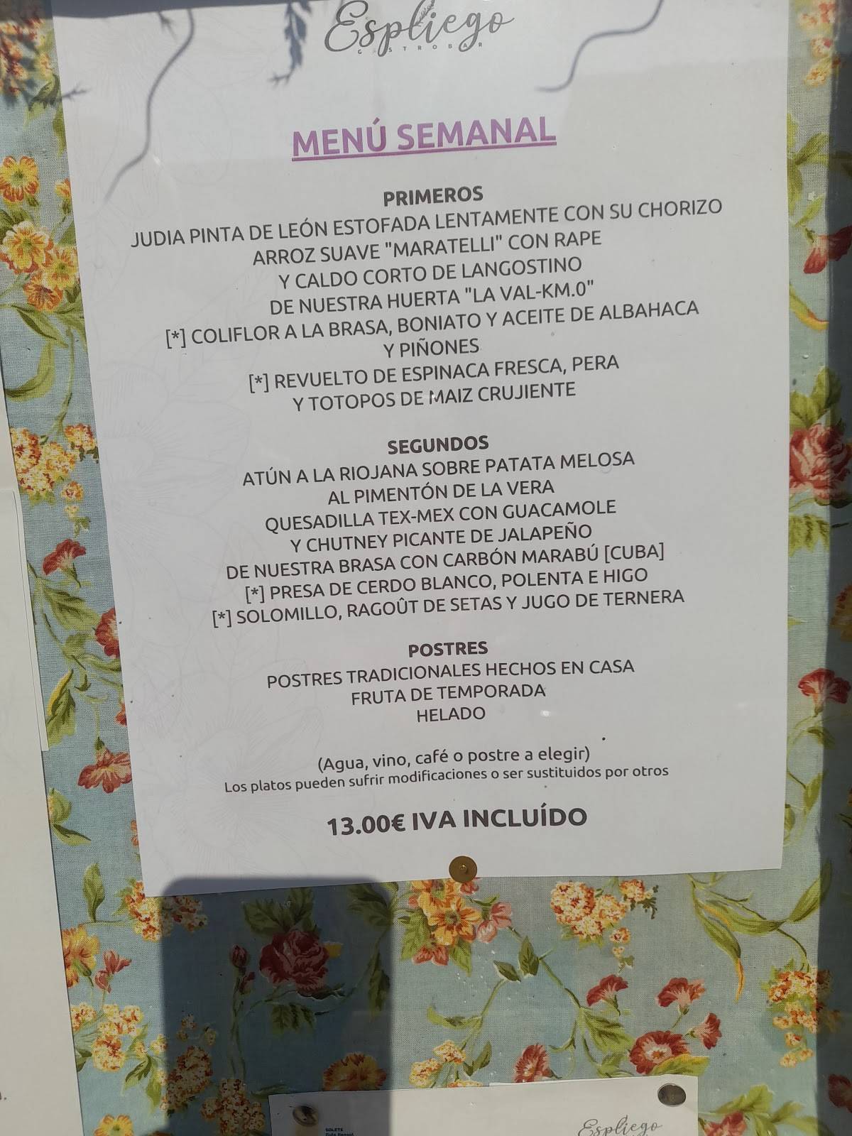 Menu at Gastrobar Espliego, Villamayor de Gállego