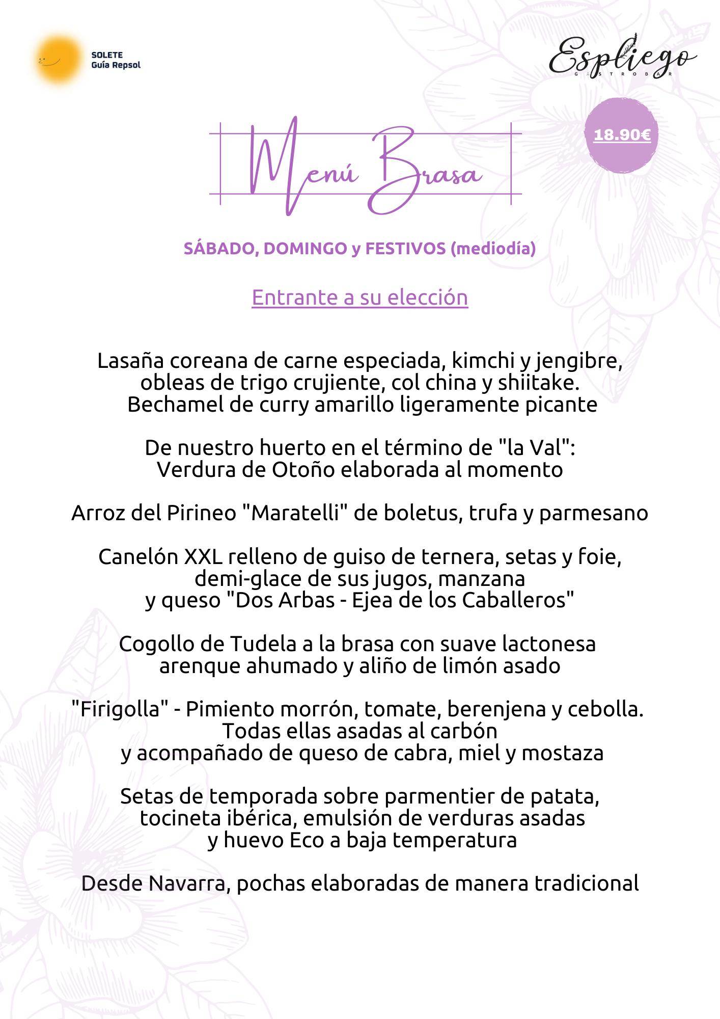 Menu at Gastrobar Espliego, Villamayor de Gállego