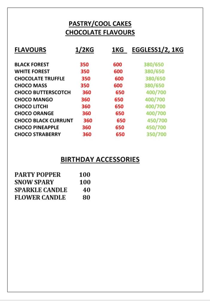Menu at Gateau. Bakery, Ballari