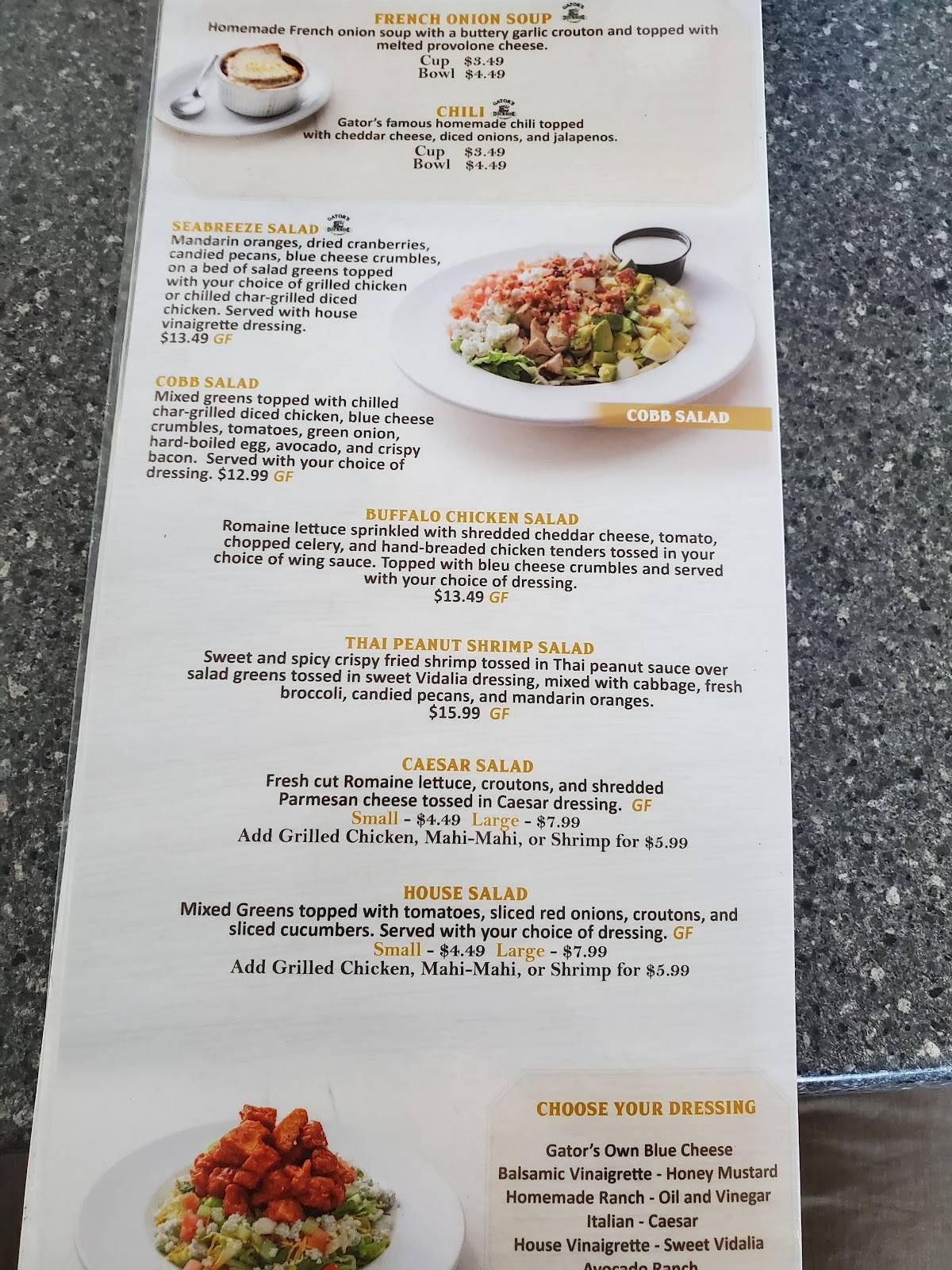Menu at Gator's Portside Port Canaveral restaurant, Cape Canaveral