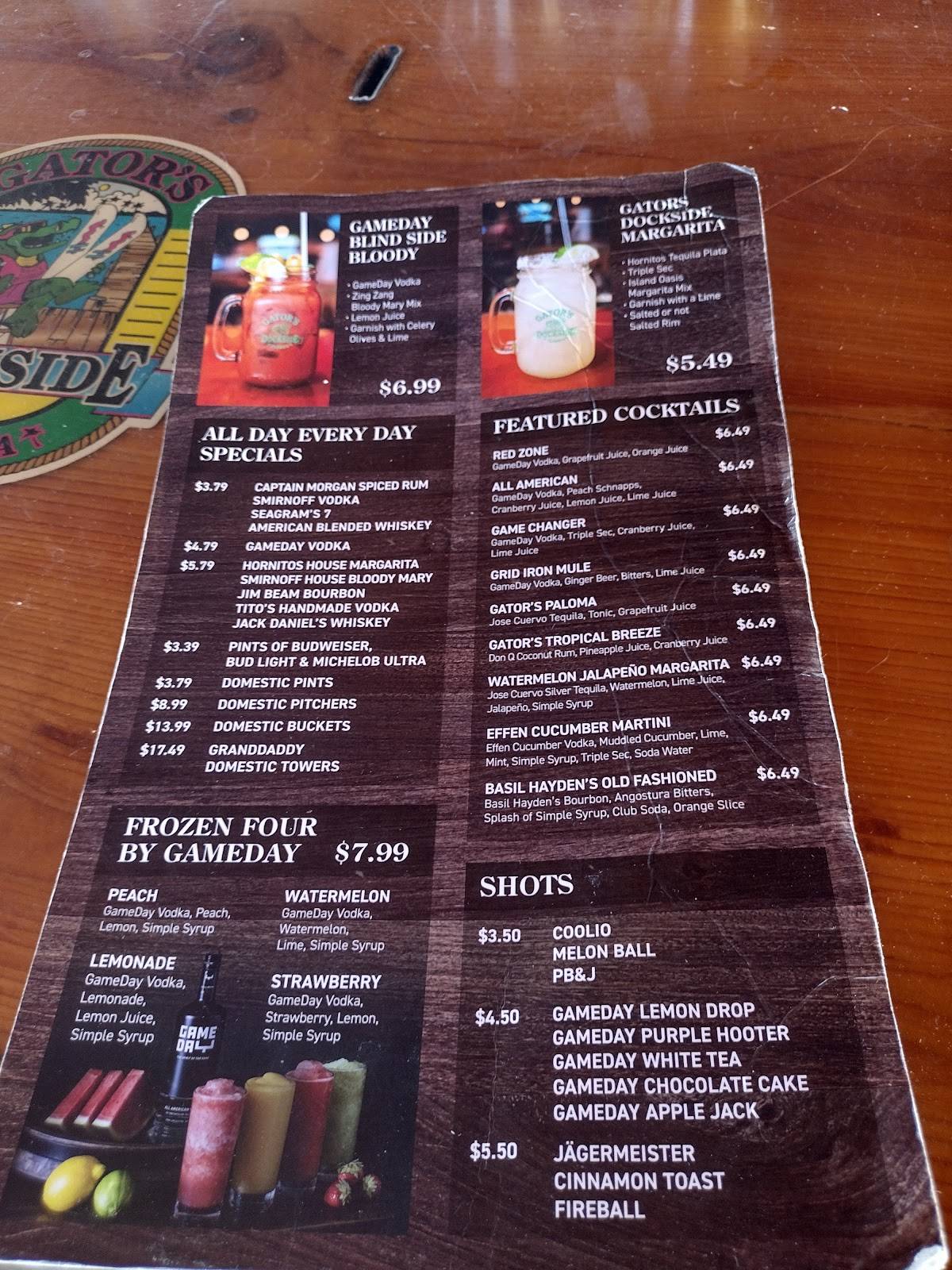 Menu at Gator's Portside Port Canaveral restaurant, Cape Canaveral