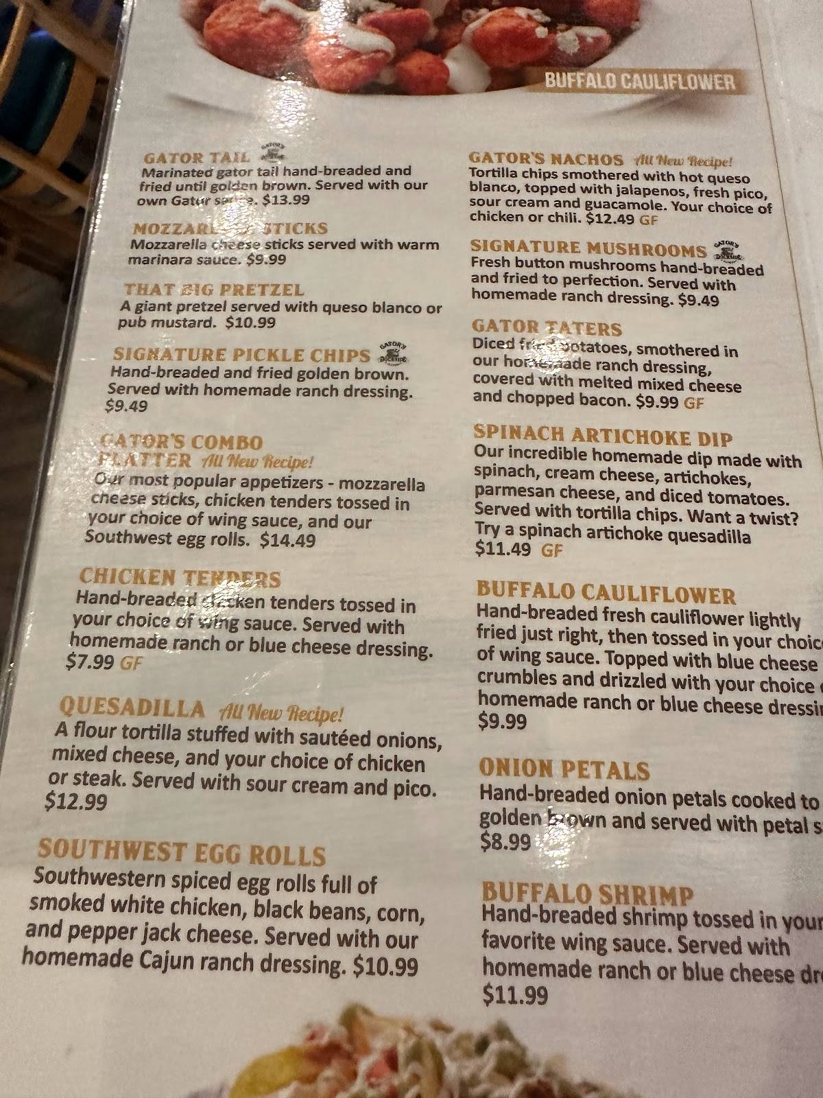 Menu at Gator's Portside Port Canaveral restaurant, Cape Canaveral
