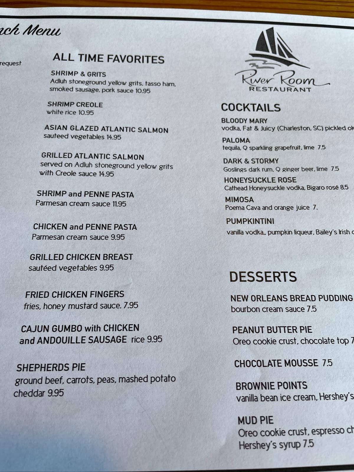Menu at River Room Restaurant, Georgetown