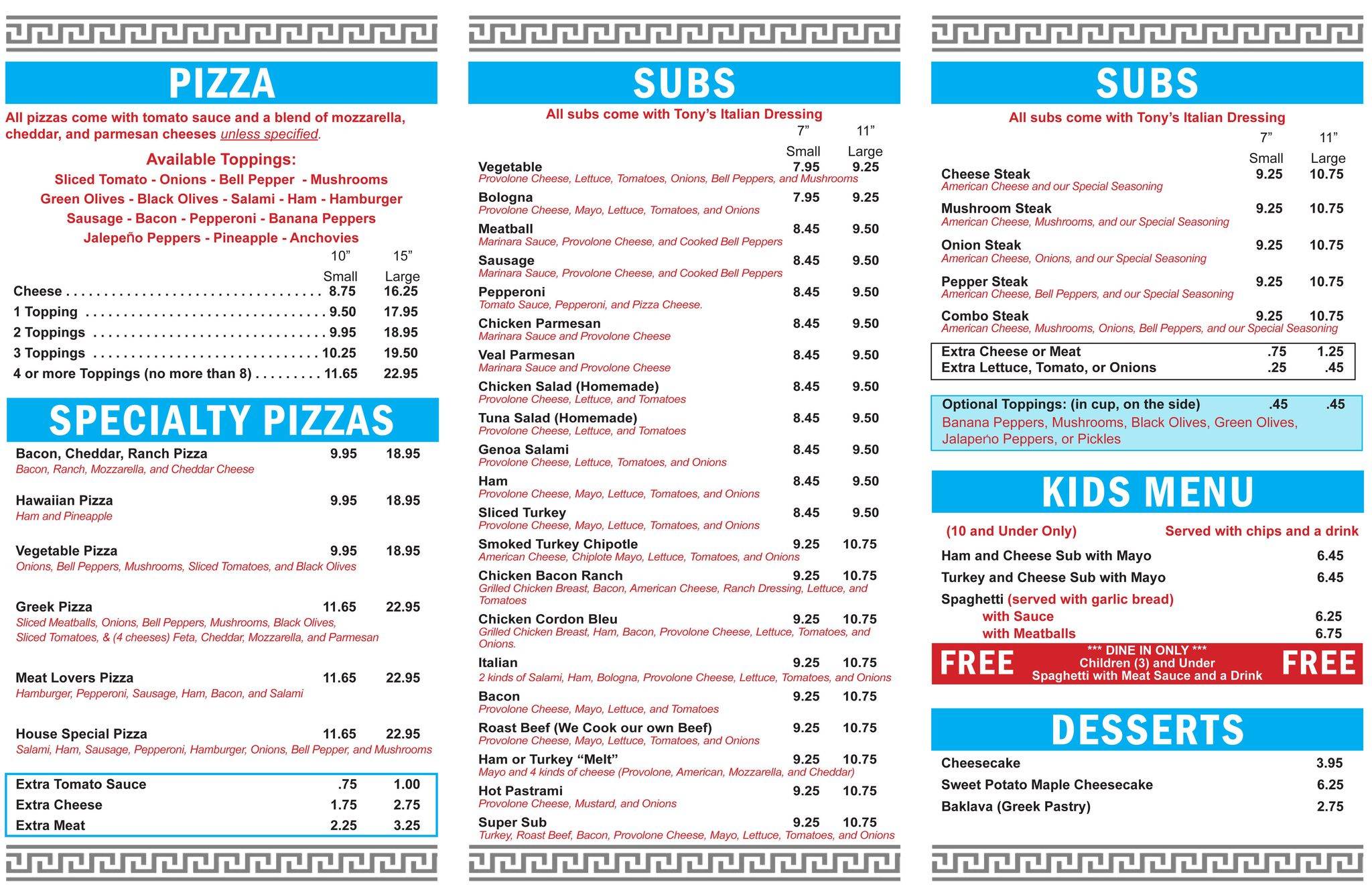 Menu at Tony's Famous Pizza pizzeria, Georgetown
