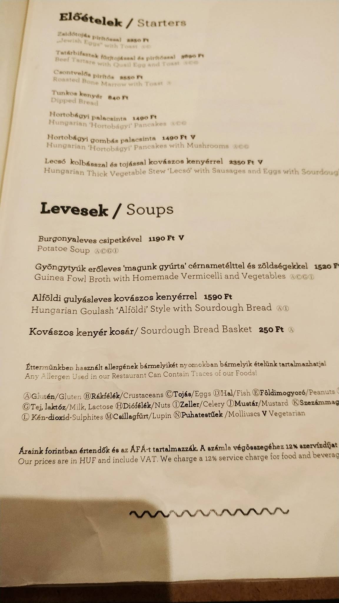 Menu at Gettó Gulyás restaurant, Budapest