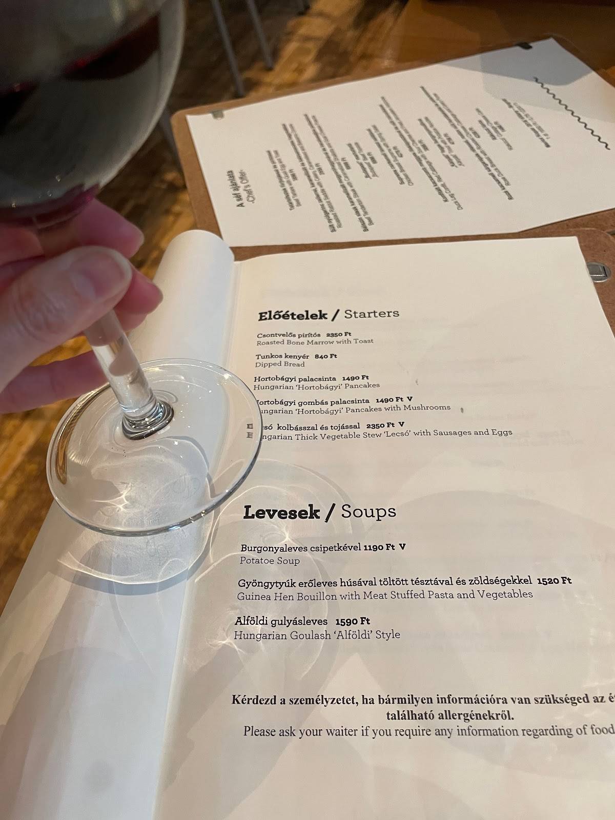 Menu at Gettó Gulyás restaurant, Budapest