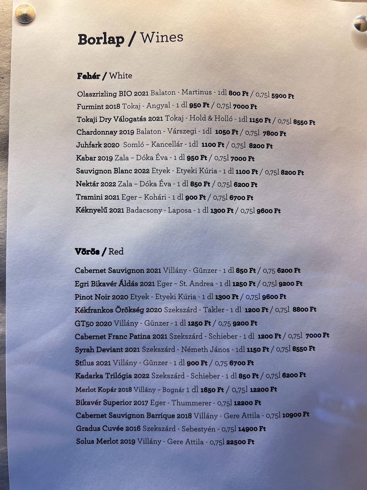 Menu at Gettó Gulyás restaurant, Budapest