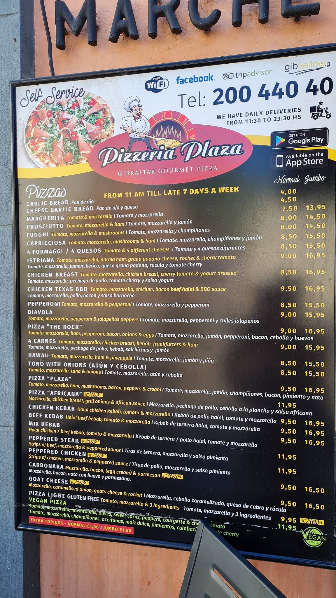 Menu at Pizzeria Plaza, Gibraltar
